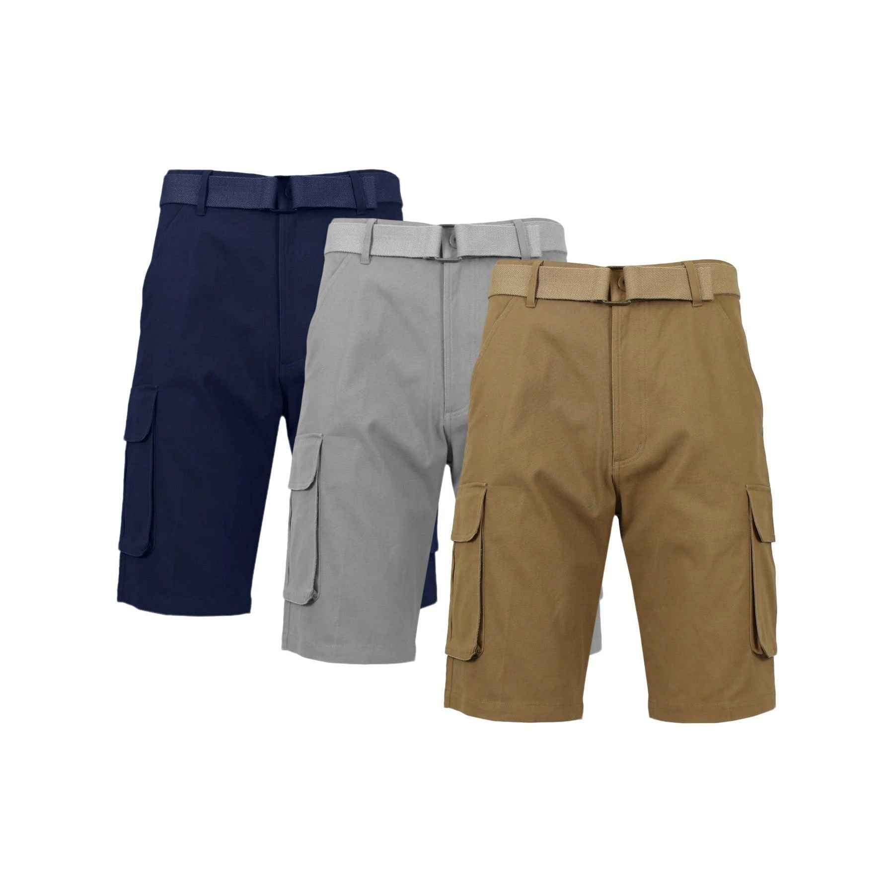 Men's Cotton Cargo Shorts - 3-Pack with Belt, Soft Stretch, 6 Pockets